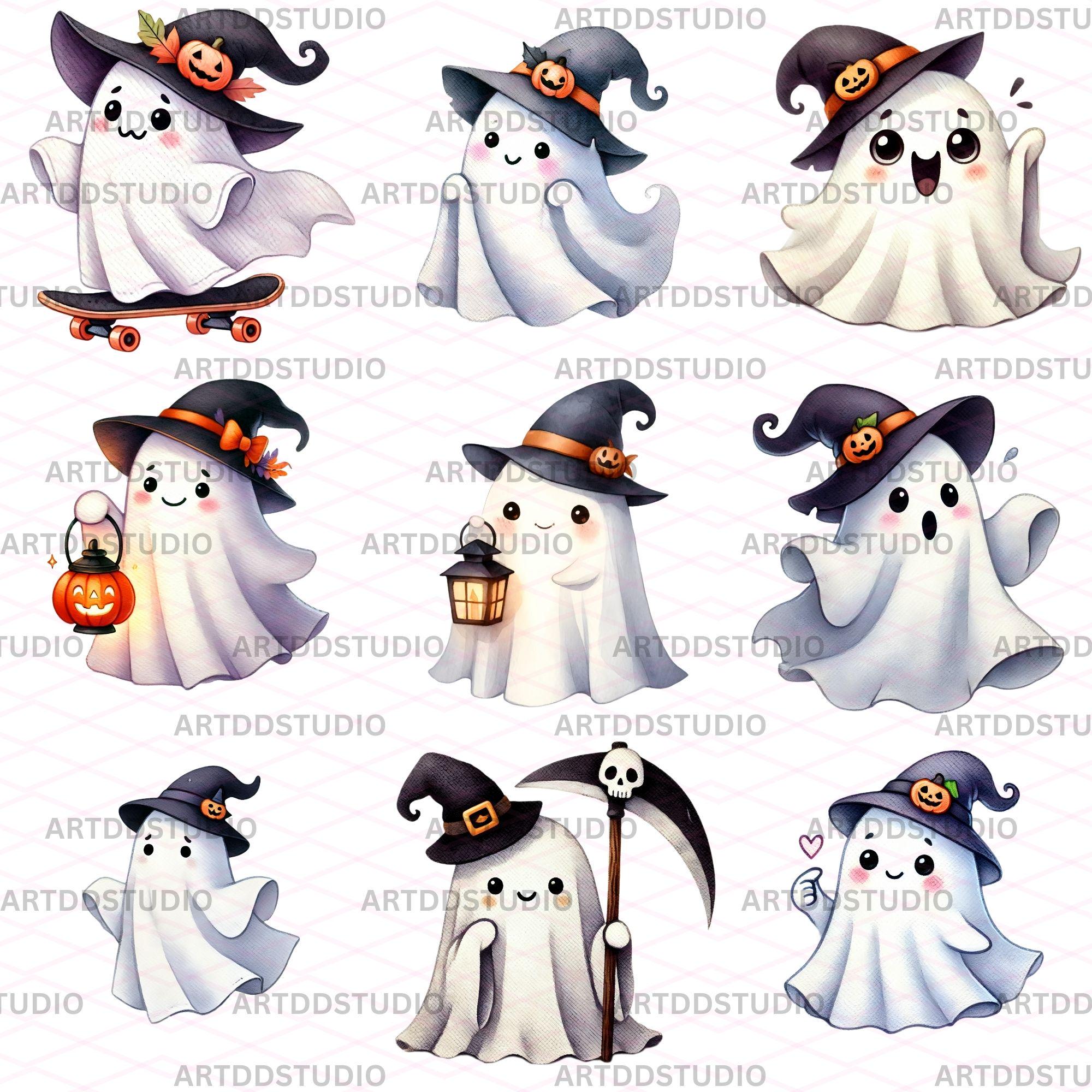 Cute Halloween Ghost Watercolor Clipart Bundle, Witch Hat Ghosts, BOO ...