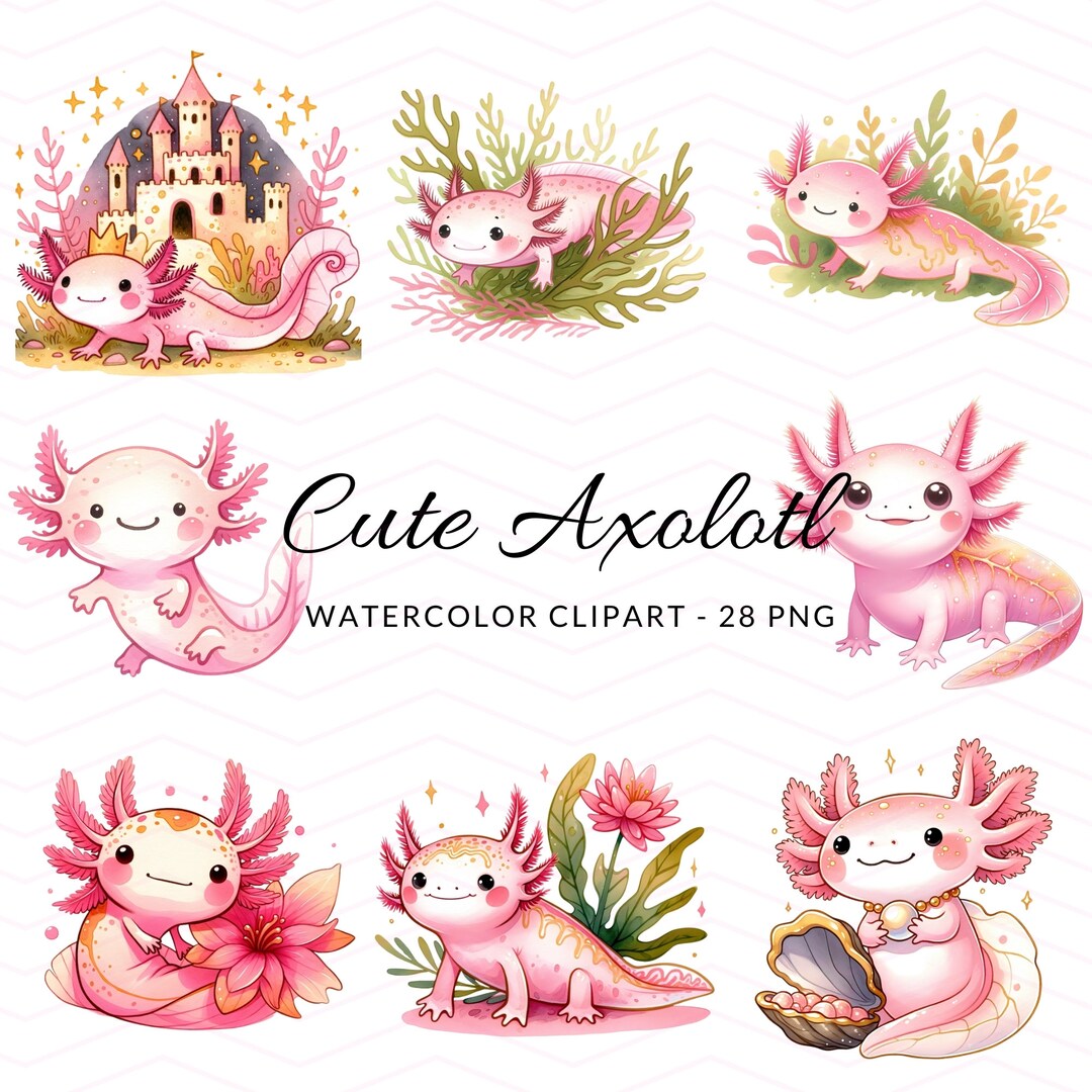 Magical Underwater Axolotl Watercolor Clipart - Cute Watercolor Axolotl ...