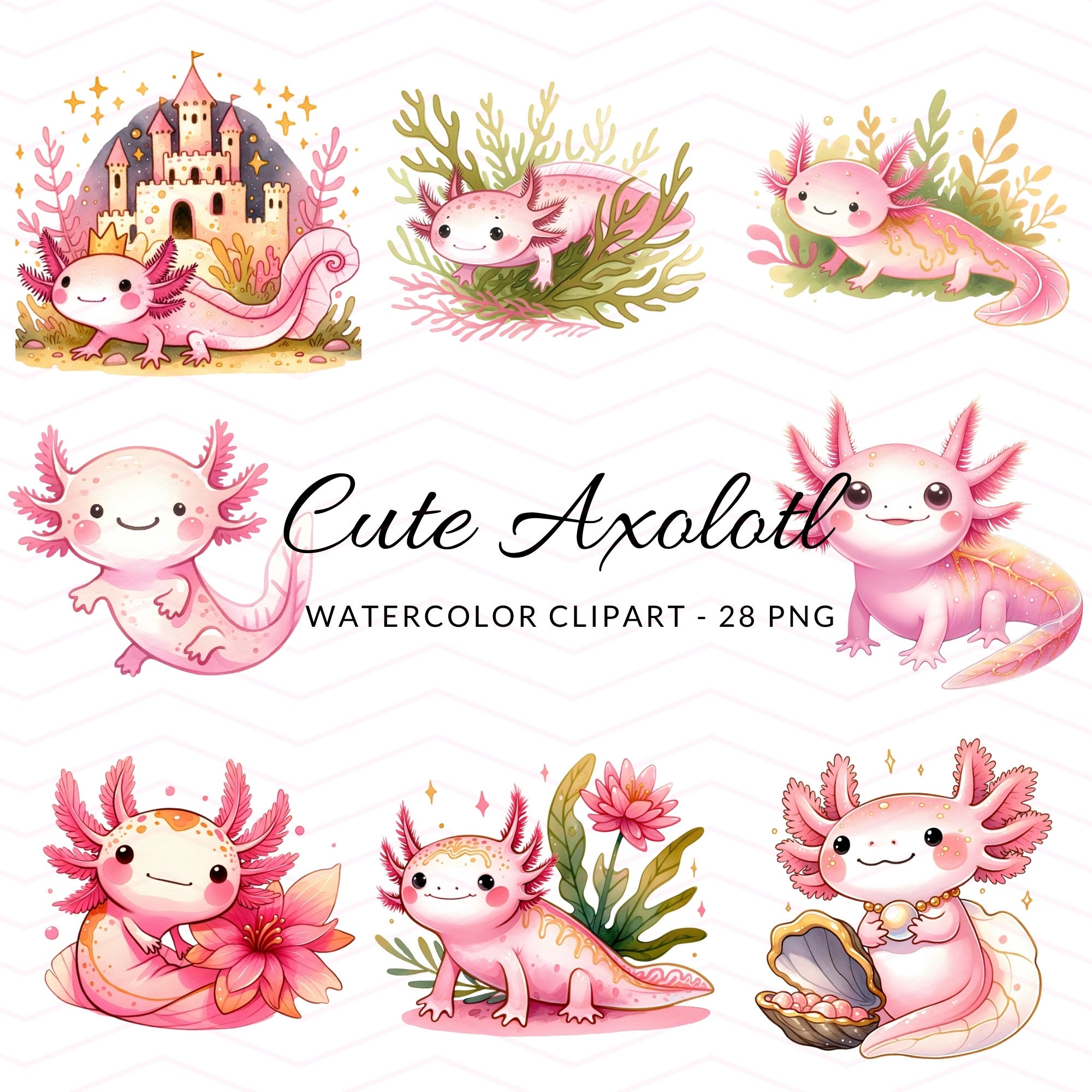 Magical Underwater Axolotl Watercolor Clipart - Cute Watercolor Axolotl ...
