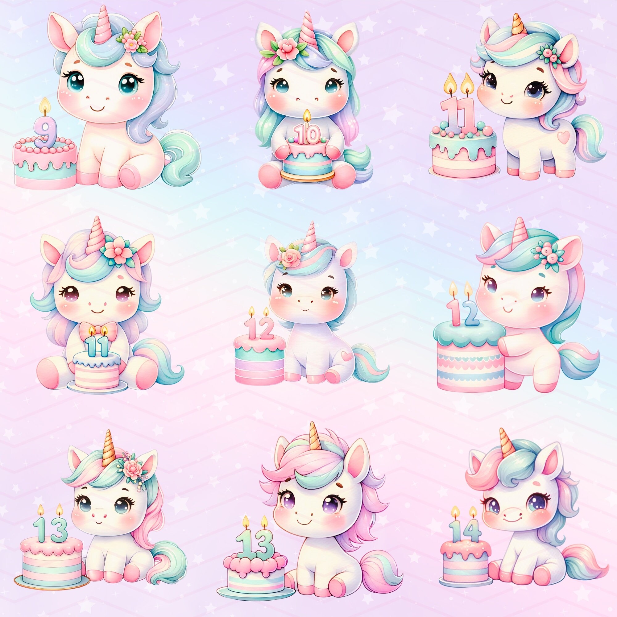 Unicorn Birthday Party Clipart Adorable Watercolor Unicorns With Cakes ...