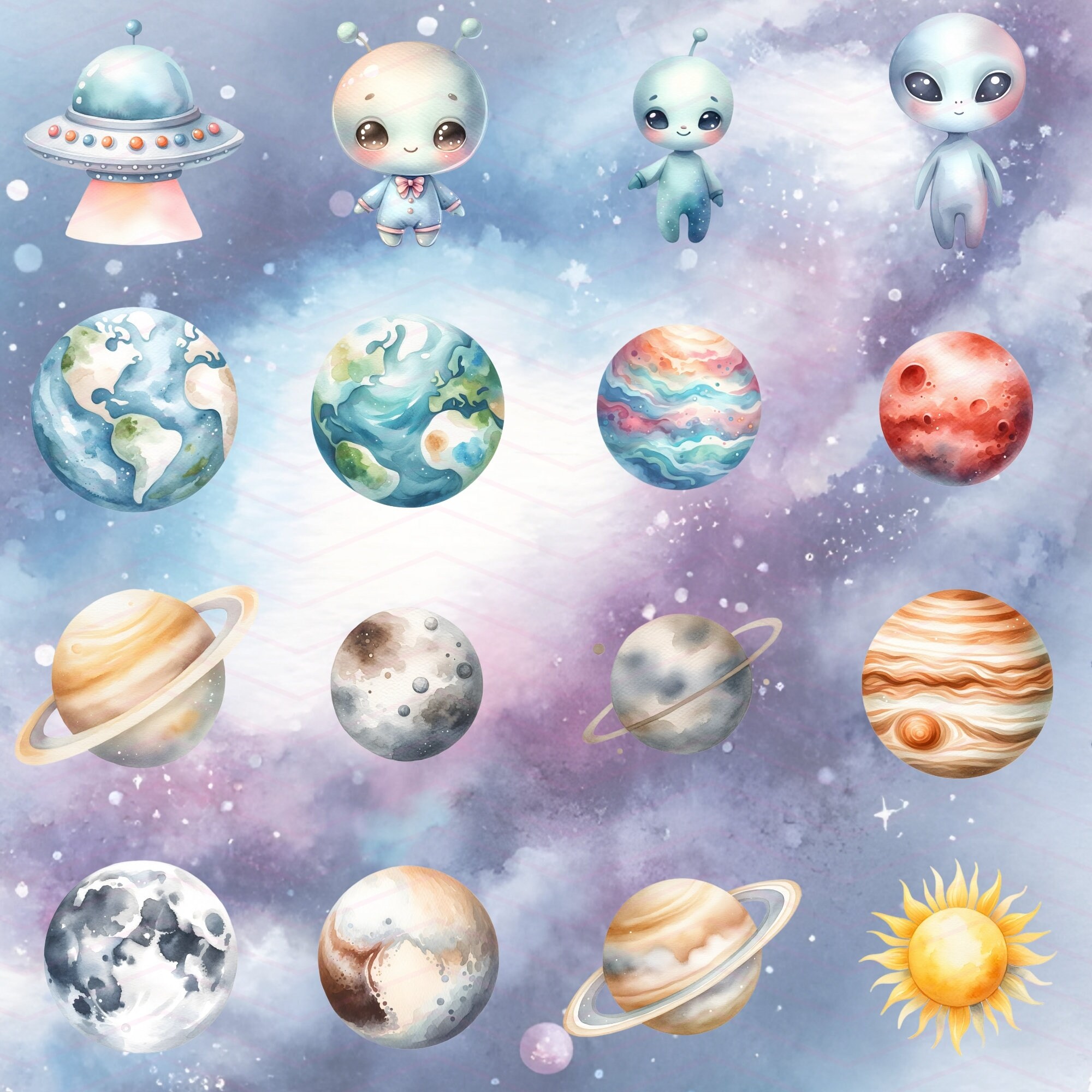 Space Adventure Watercolor Clipart - Astronauts, Aliens and Planets ...