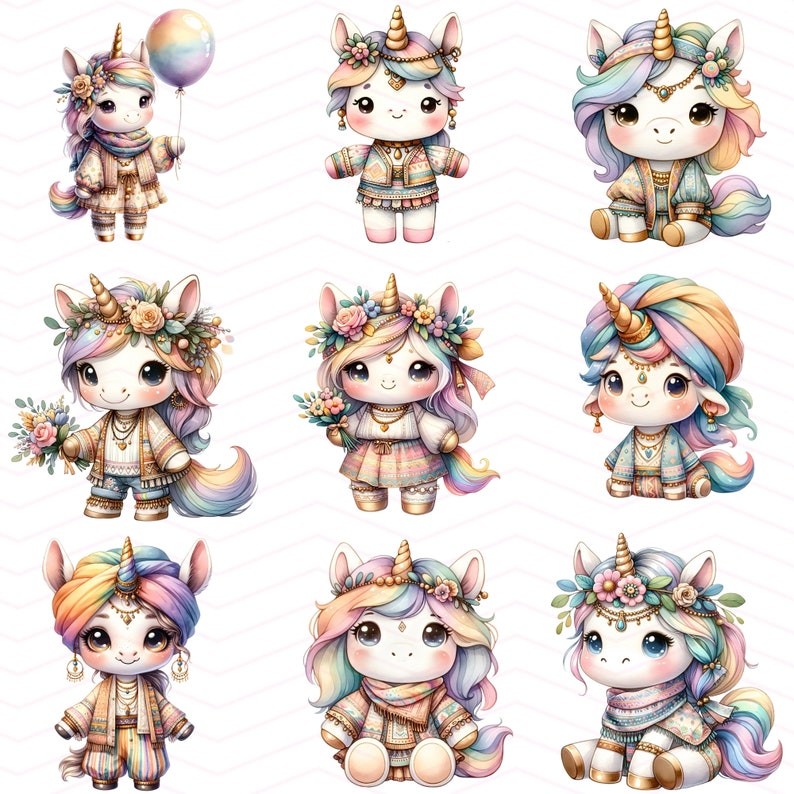 Boho Unicorn Clipart Set Whimsical Watercolor Unicorns Digital Download ...