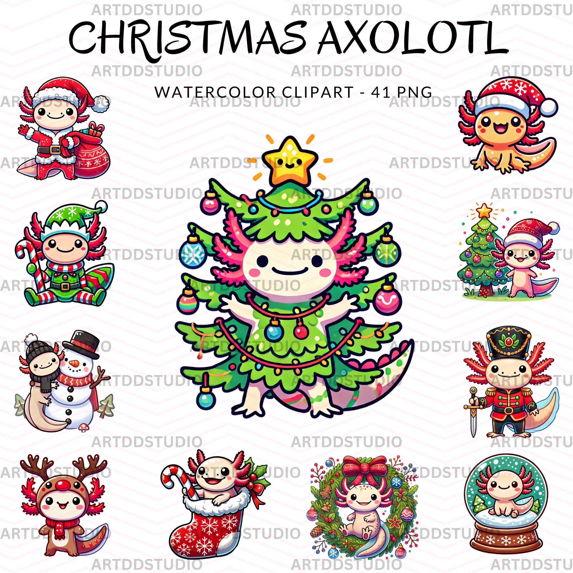 Christmas Cute Axolotl Watercolor Clipart, Santa Axolotl, Reindeer ...