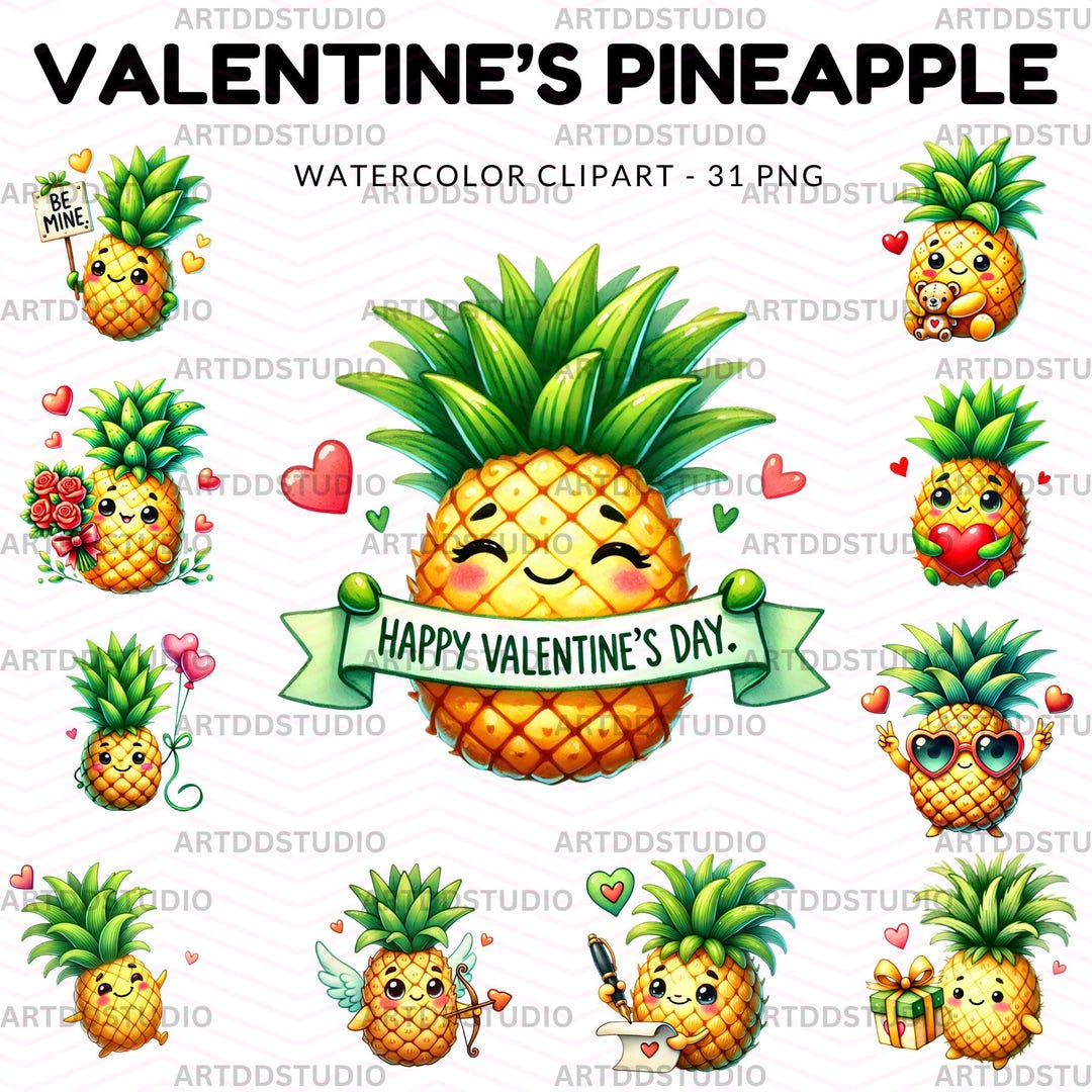 Valentine's Pineapple Watercolor Clipart: 31 PNG Bundle (commercial Use ...