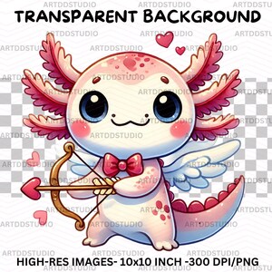 Valentine's Axolotl Watercolor Clipart: Cupid PNG Files (commercial Use ...