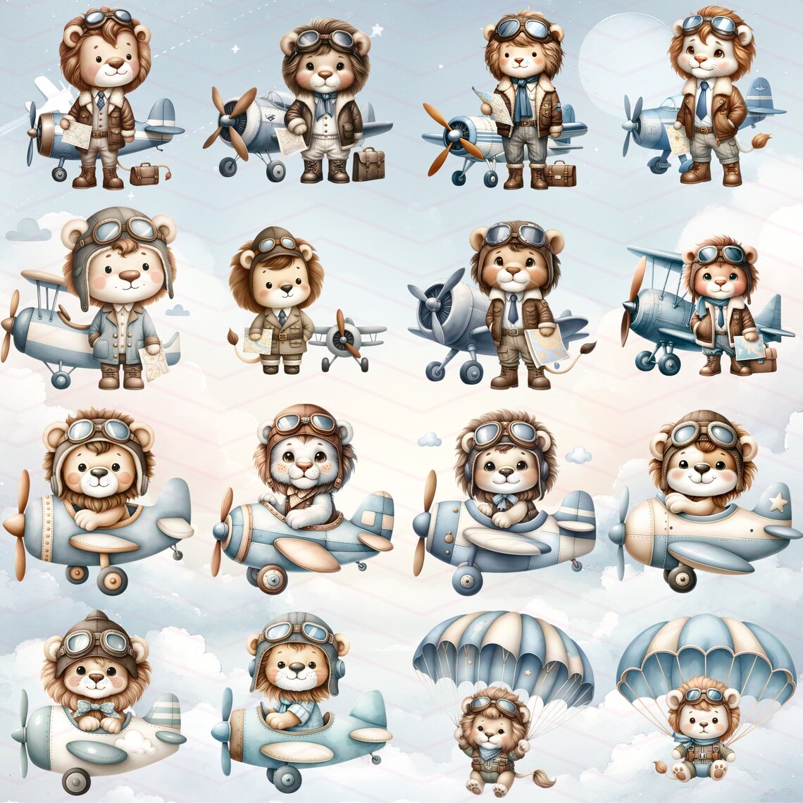 Aviator Lion Watercolor Clipart: 84 PNG Aviation Images (digital ...
