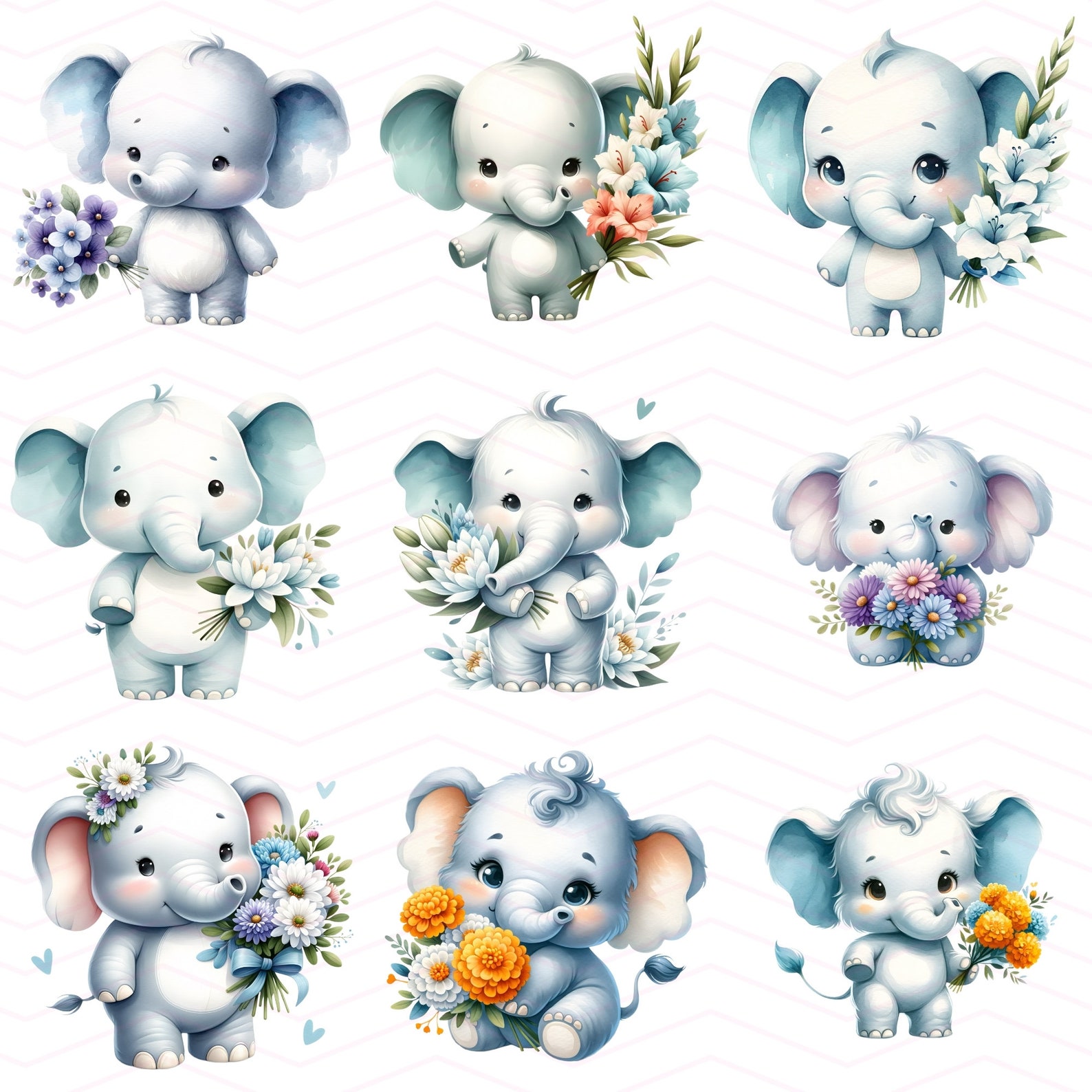 Floral Elephant Clipart Collection Watercolor Baby Elephants With ...