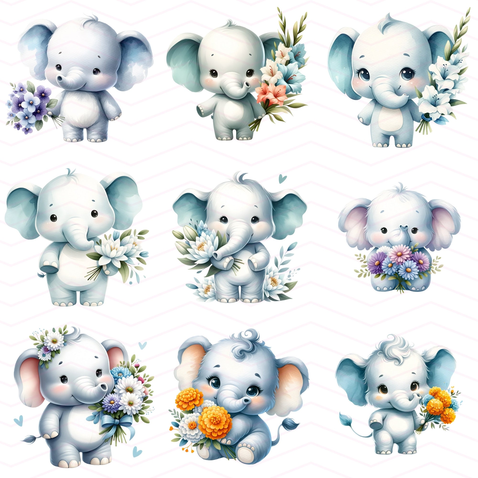 Floral Elephant Clipart Collection Watercolor Baby Elephants With ...