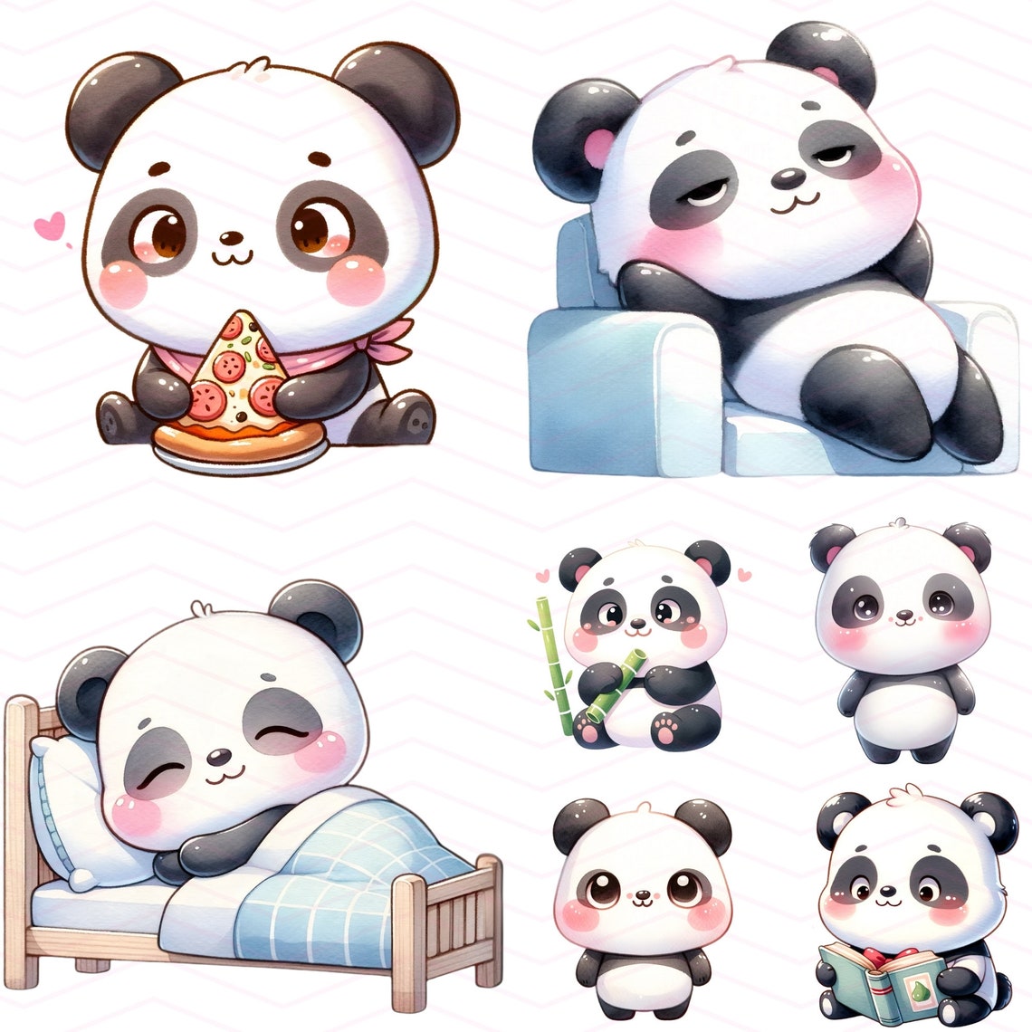 Kawaii Panda Clipart Set Cute Watercolor Panda Digital PNG, Instant ...