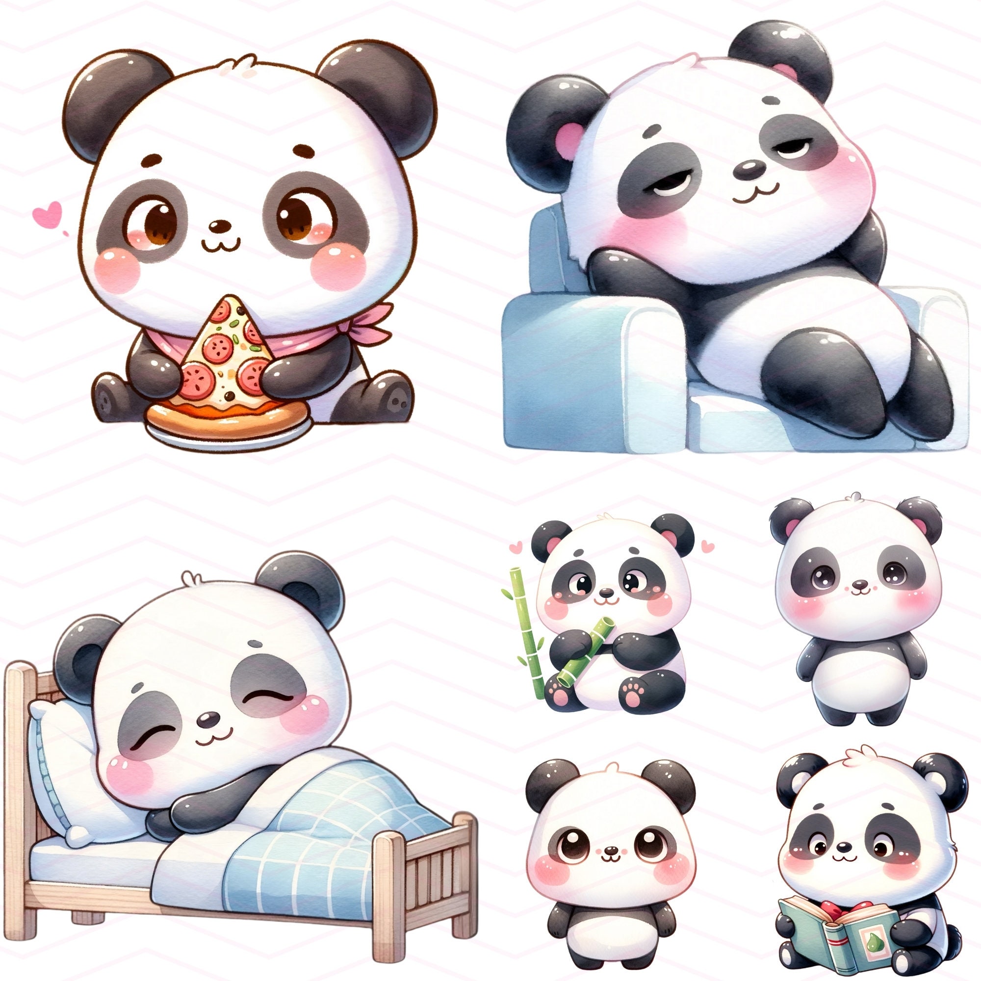 Kawaii Panda Clipart Set Cute Watercolor Panda Digital PNG, Instant ...