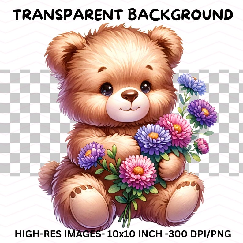 Watercolor Cute Bear Clipart, Bears With Flowers, Birth Month Flowers ...