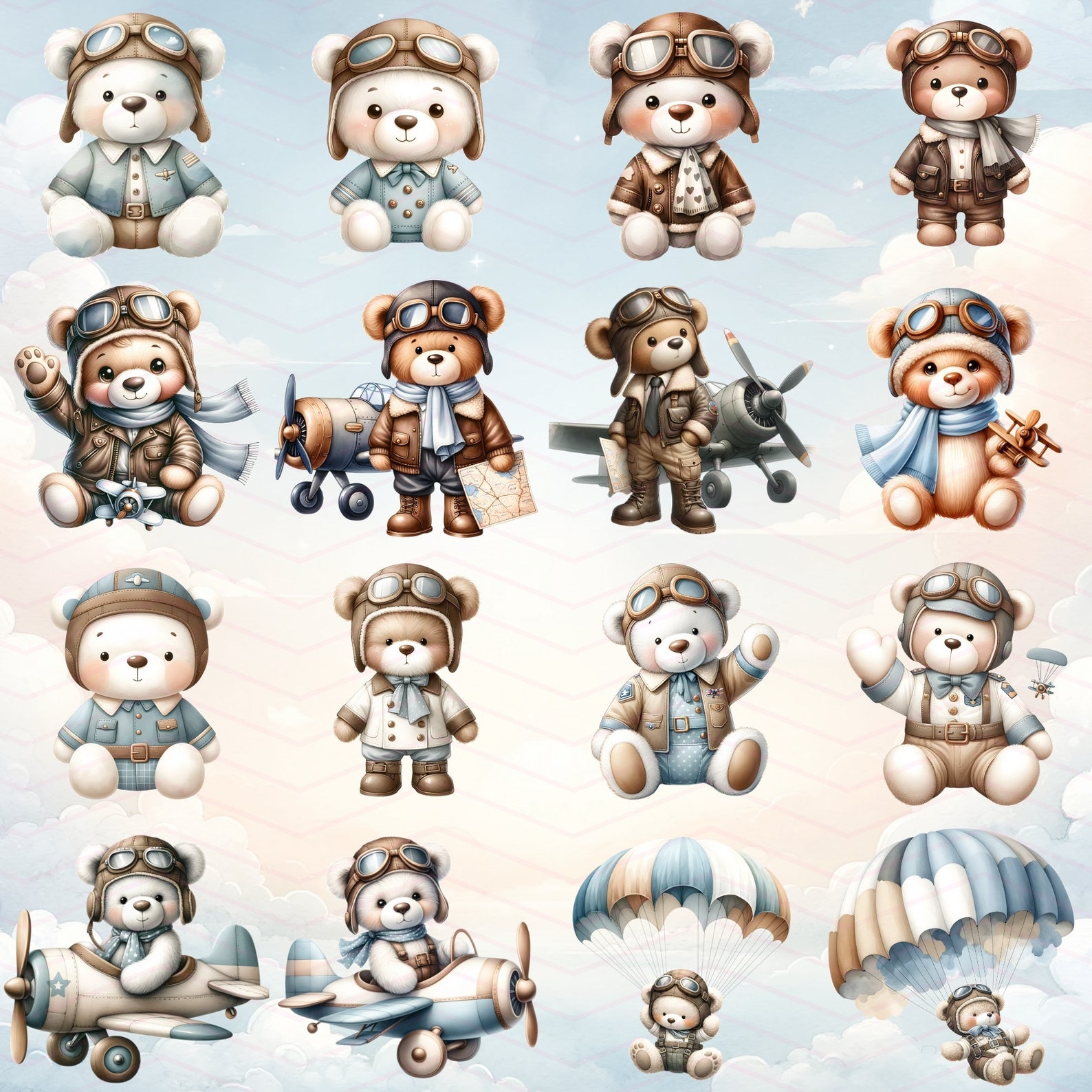 Watercolor Aviator Bear Clipart: Pilot Teddy & Airplanes (digital ...