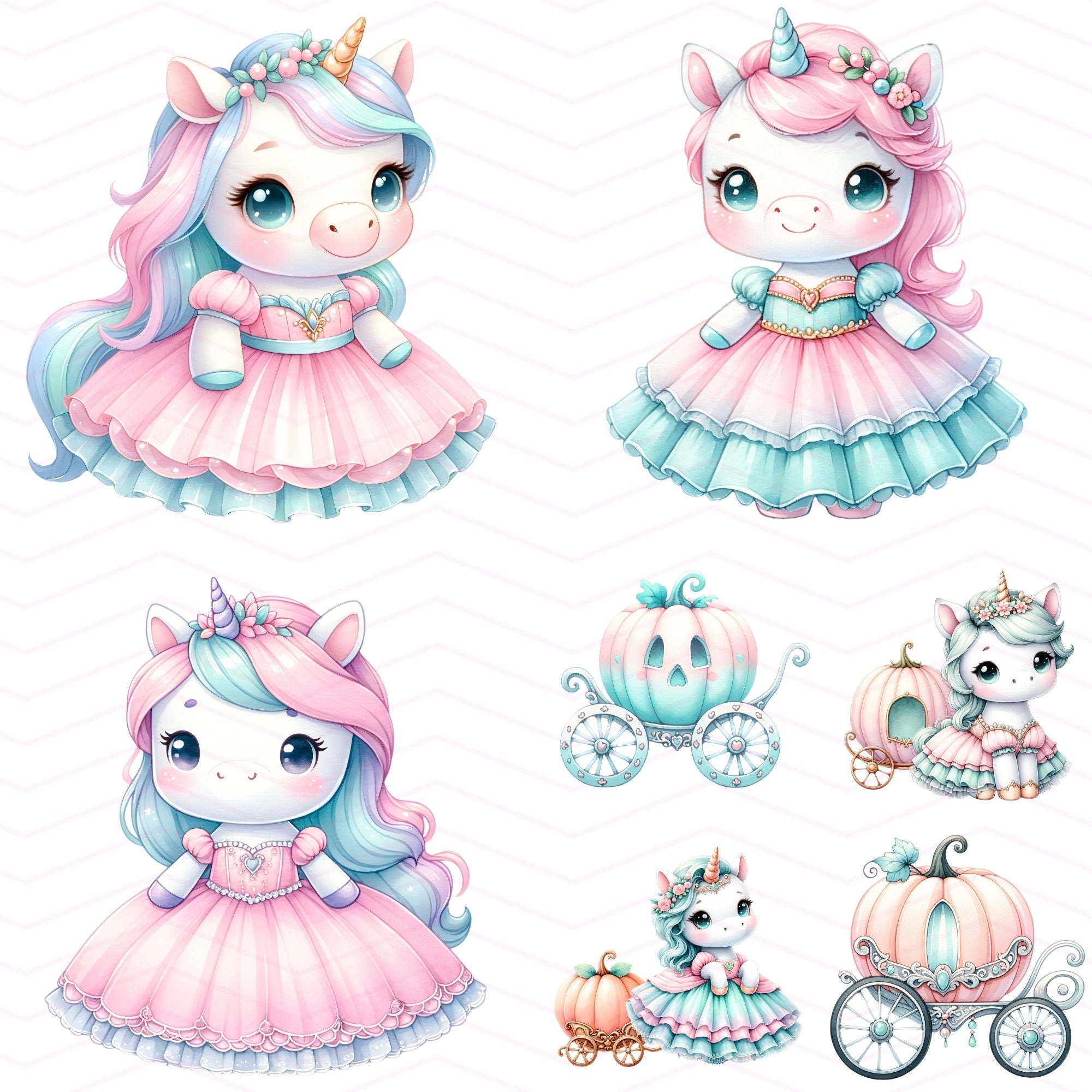 Princess Unicorn Watercolor Clipart Set Pastel Watercolor Cute Unicorns ...