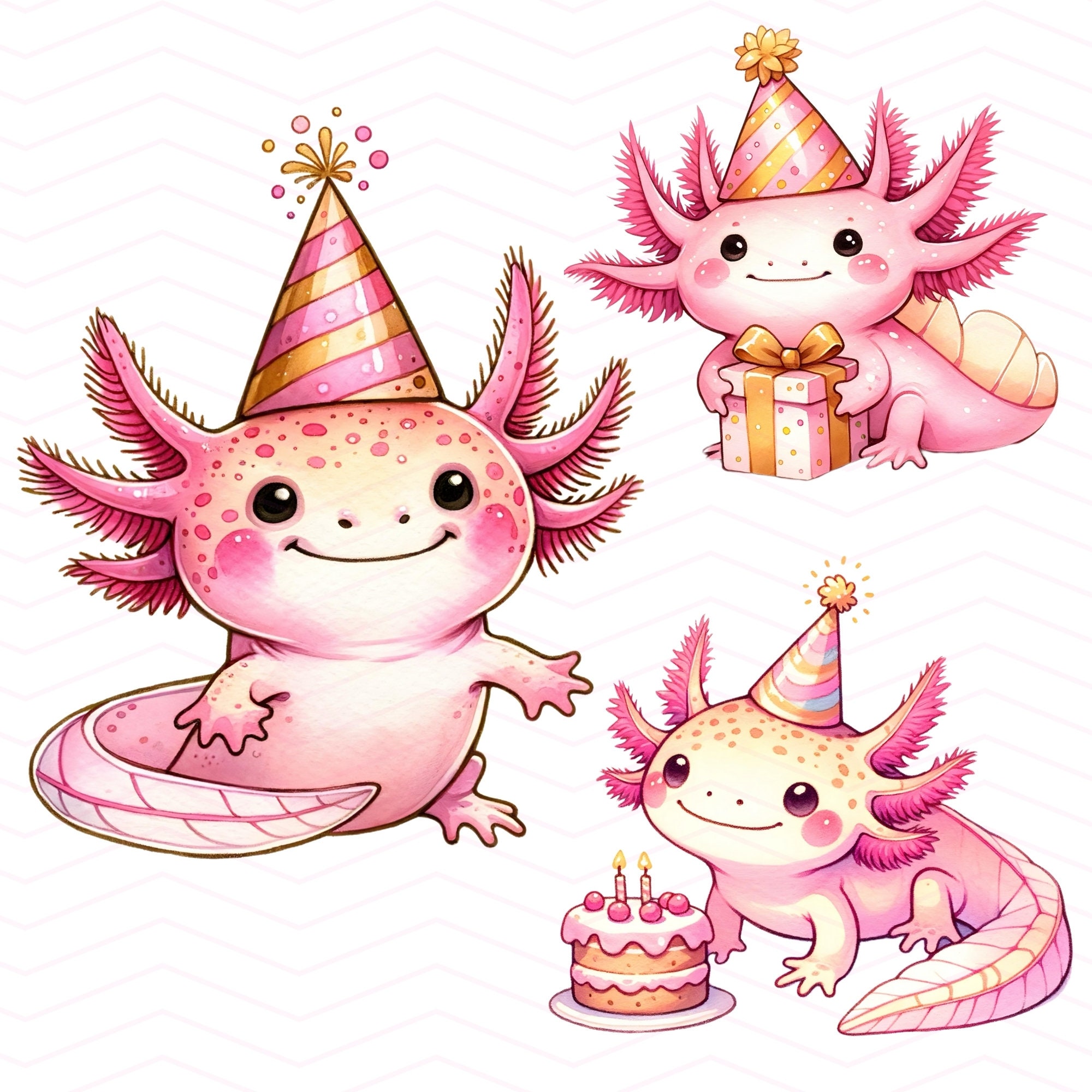 Cheerful Axolotl Birthday Party Clipart, Cute Watercolor PNG Images for ...
