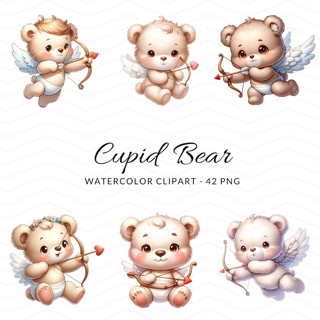 Adorable Cupid Bear Clipart - Watercolor Angel Bears With Hearts ...