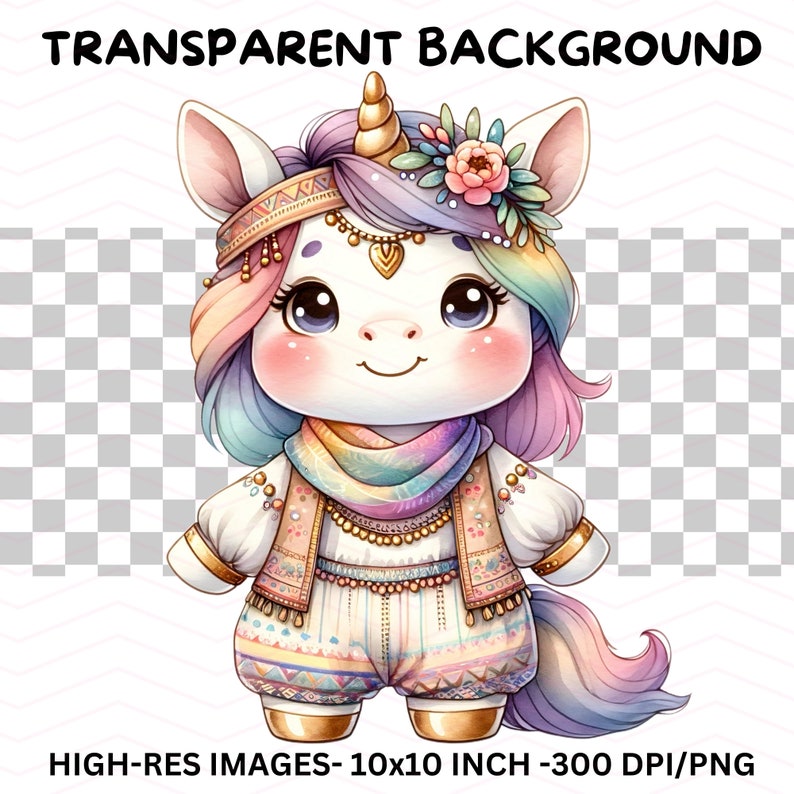 Boho Unicorn Clipart Set Whimsical Watercolor Unicorns Digital Download ...