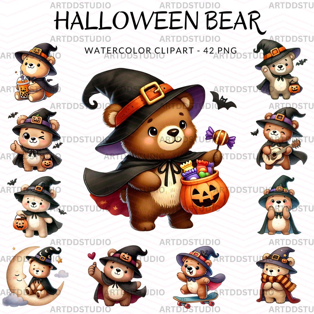 Halloween Bear Watercolor Clipart: Witchy PNG Bundle (42 Files) - Etsy