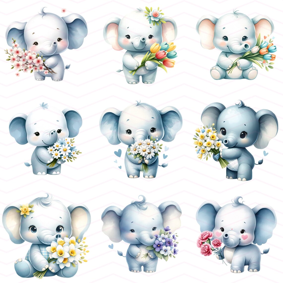 Floral Elephant Clipart Collection Watercolor Baby Elephants With ...