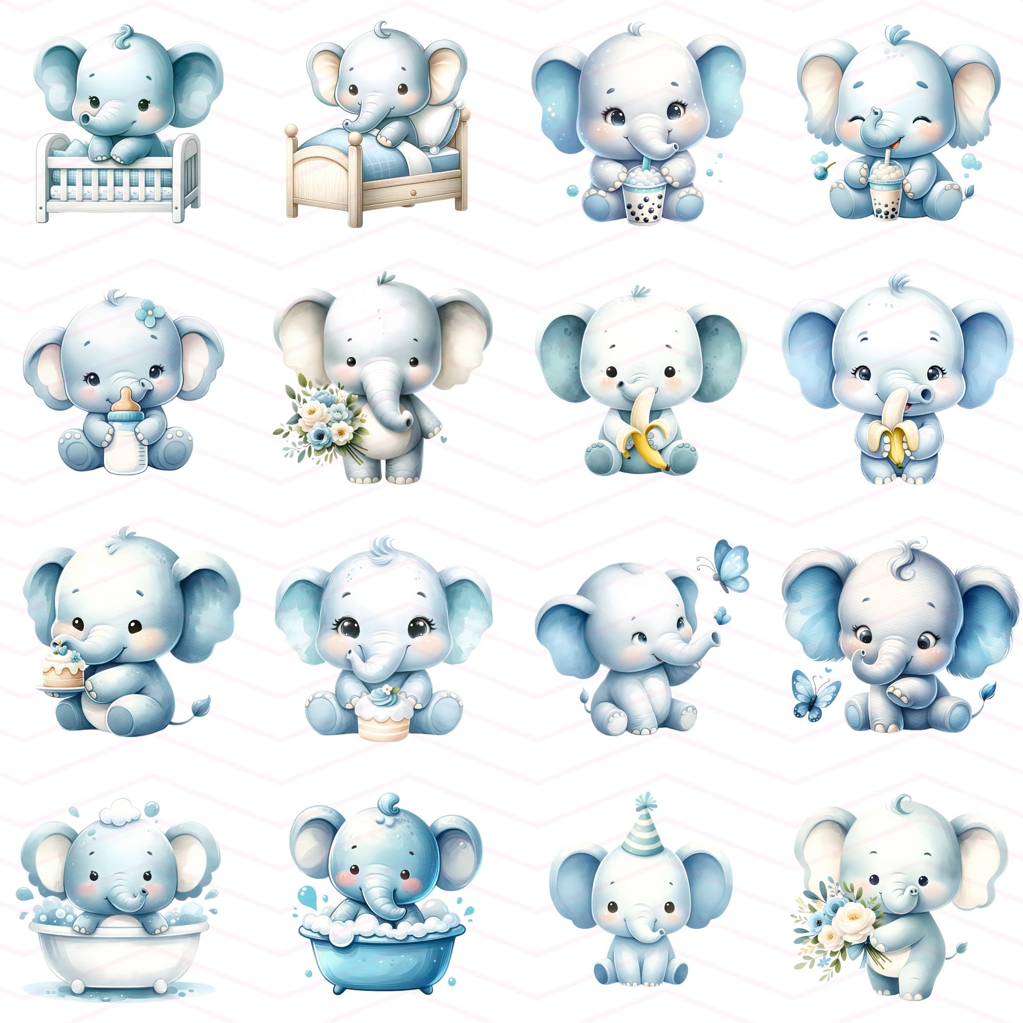 Adorable Elephant Watercolor Clipart Collection Digital Download, Cute ...