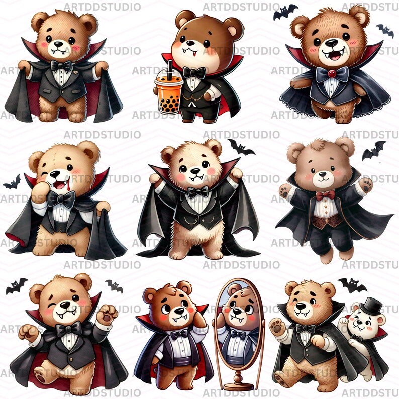 Vampire Bear Watercolor Clipart Bundle, Cute Halloween Bear for ...