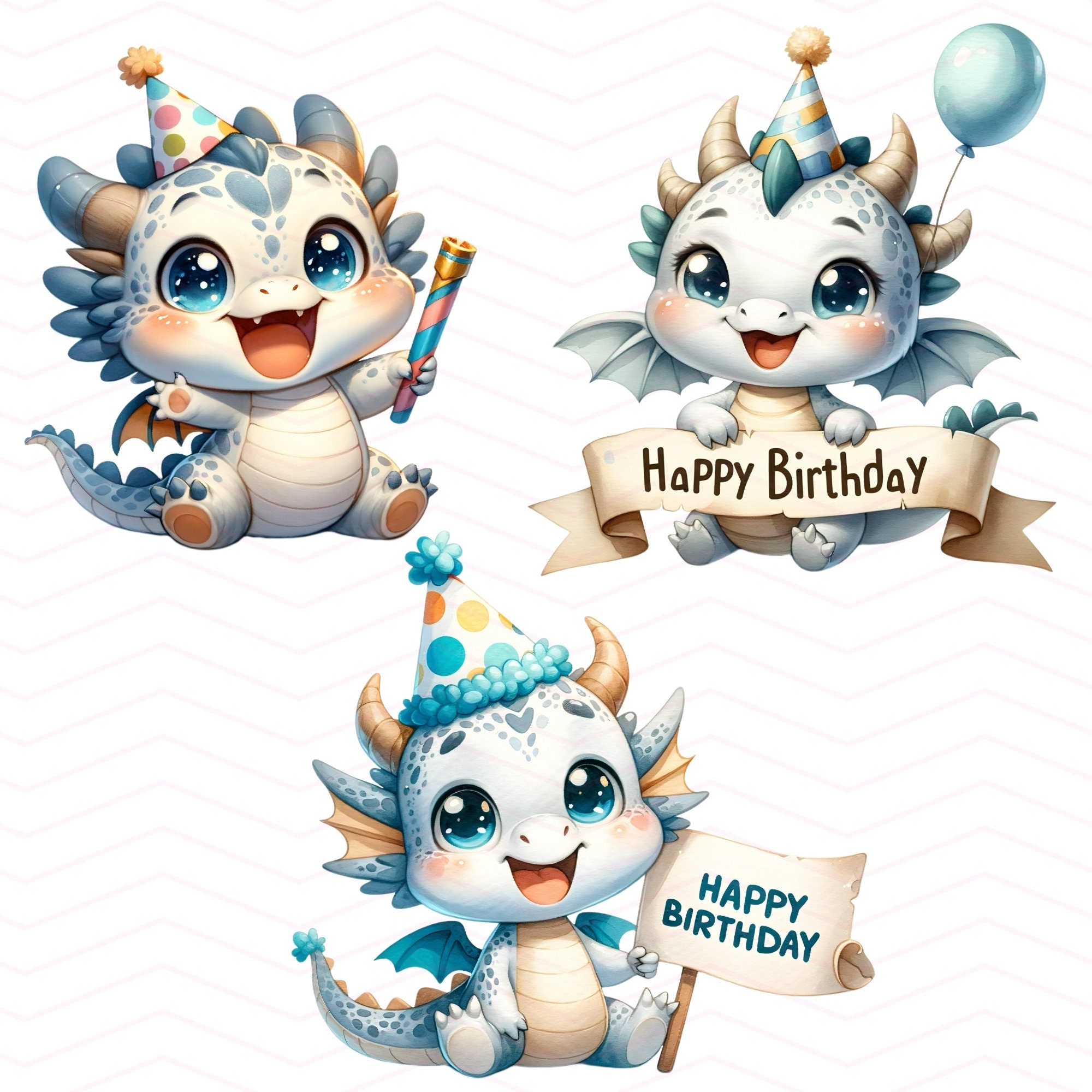 Cheerful Birthday Dragons Clipart Digital Watercolor Dragon PNG ...