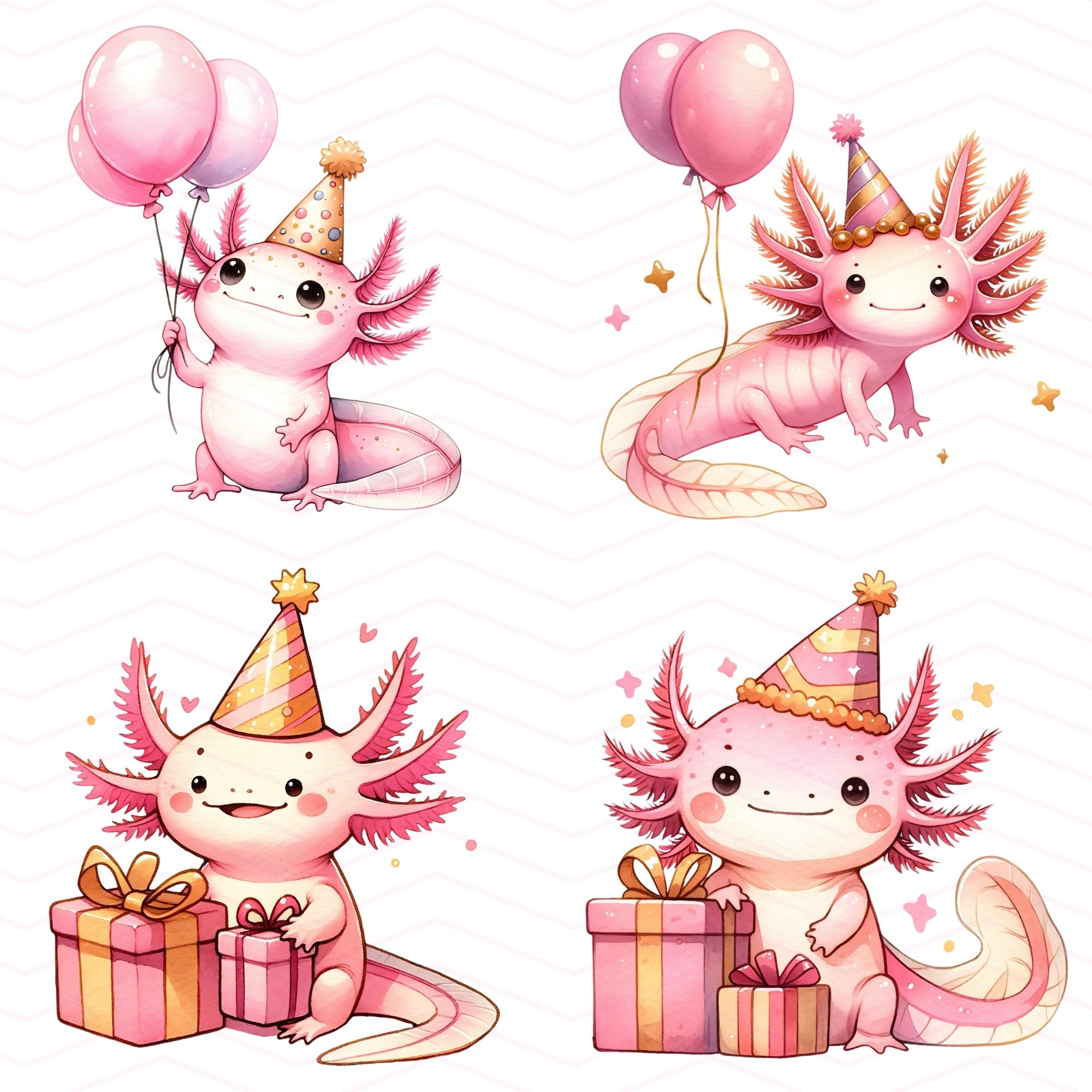 Cheerful Axolotl Birthday Party Clipart, Cute Watercolor PNG Images for ...