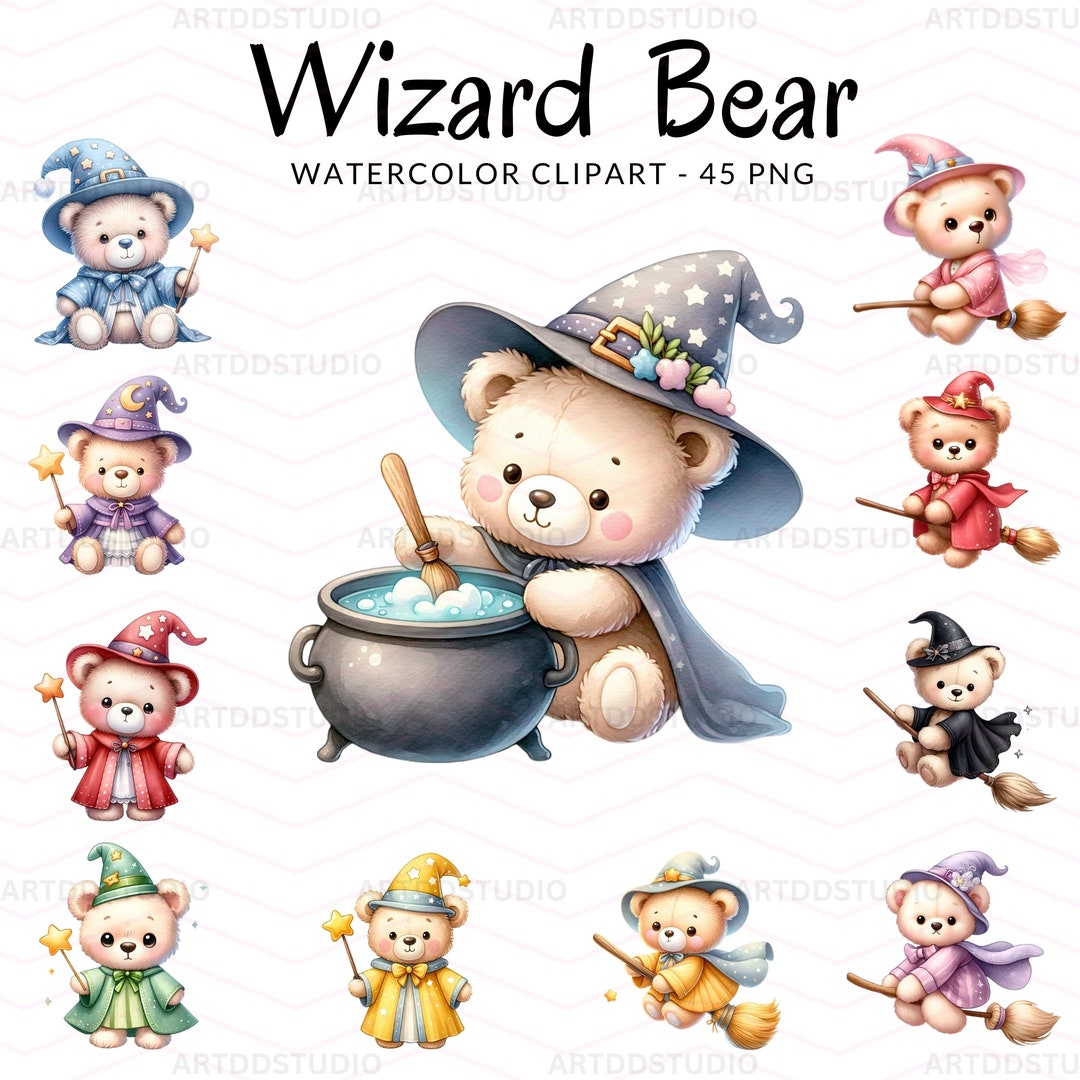 Magical Wizard Bear Clipart, Enchanted Watercolor Bears PNG, Sorcerer ...