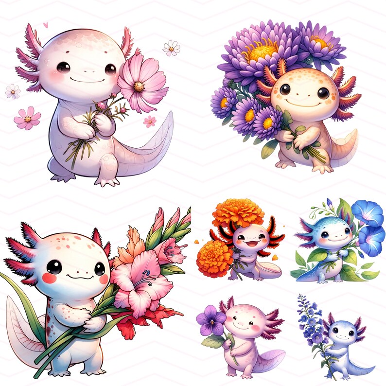 Floral Axolotl Watercolor Clipart, Cute Axolotls With Flowers PNG ...