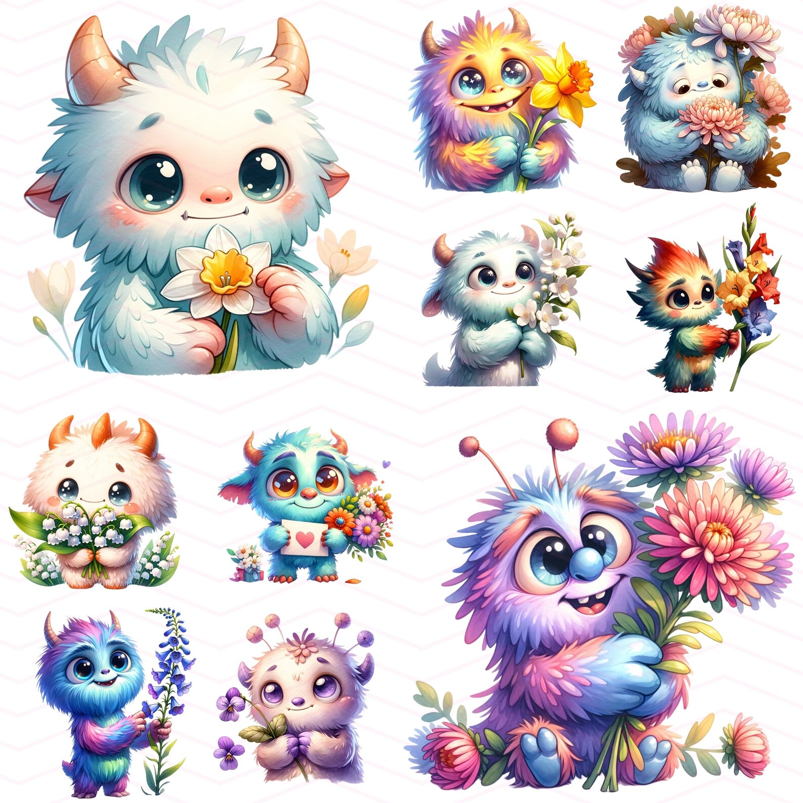 Enchanted Floral Monsters Clipart Cute Watercolor Creatures With ...