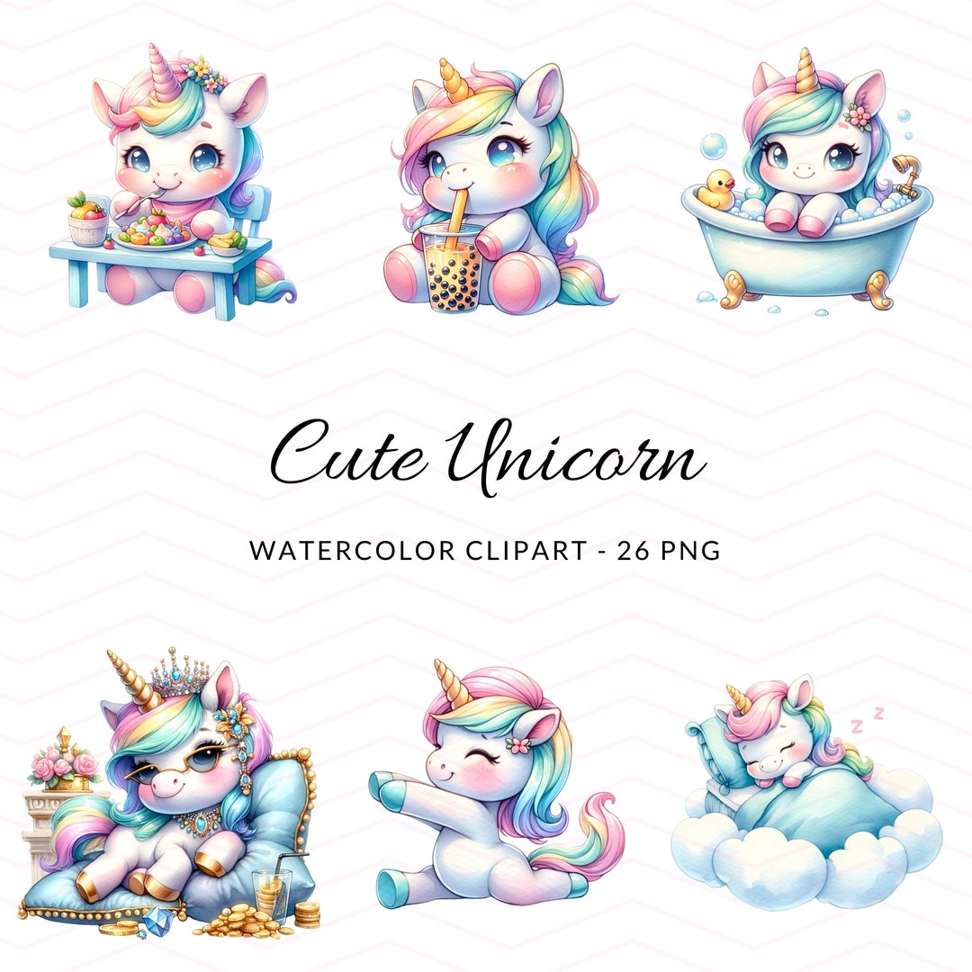 Whimsical Unicorn Watercolor Clipart, Cute Unicorn, Instant Download ...