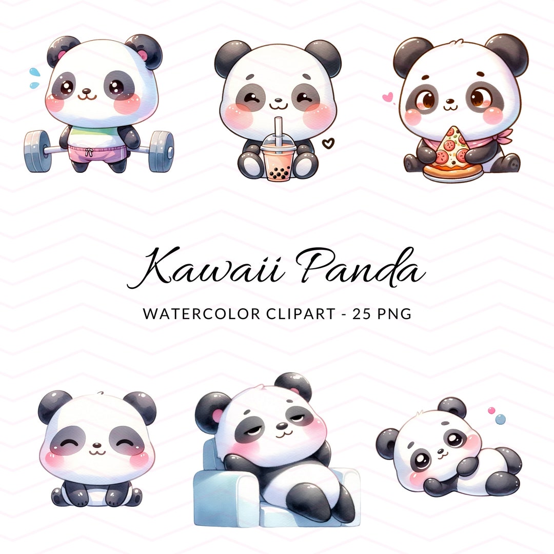 Kawaii Panda Clipart Set - Cute Watercolor Panda Digital PNG, Instant ...