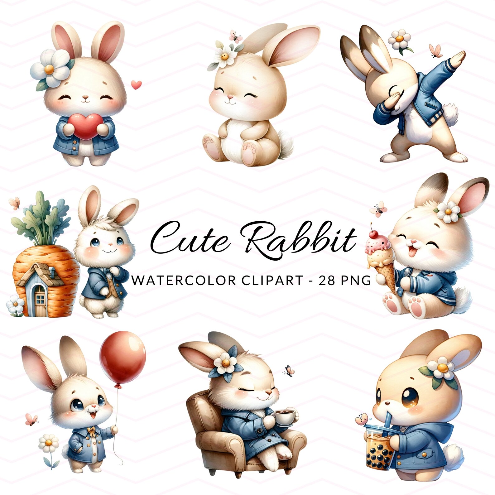 Charming Watercolor Cute Rabbit Clipart, Cute Rabbit Clipart, Cute ...