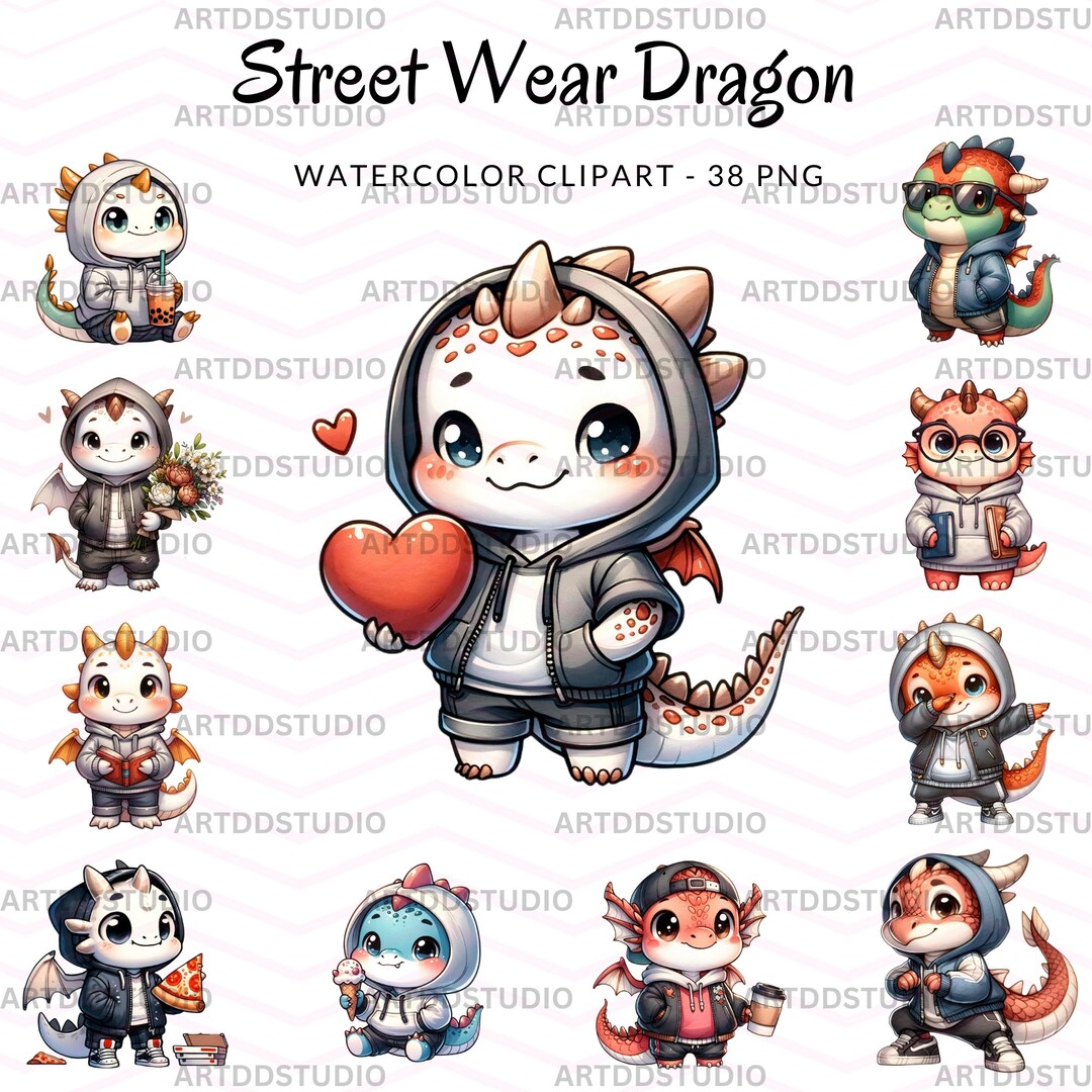 Adorable Dragon Clipart Bundle - Streetwear Watercolor PNG Collection ...