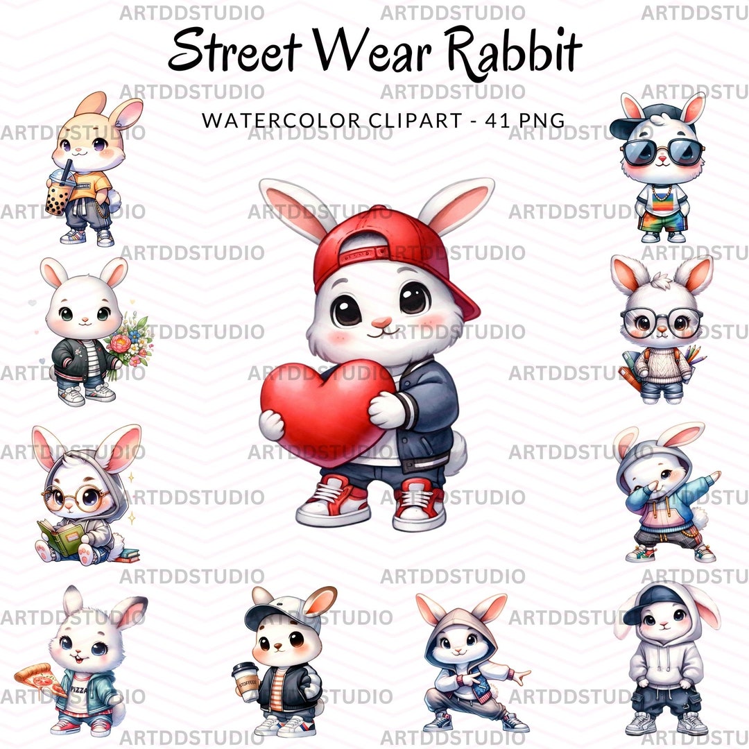 Streetwear Rabbit Clipart Bundle Trendy Watercolor PNG Collection, Cute ...