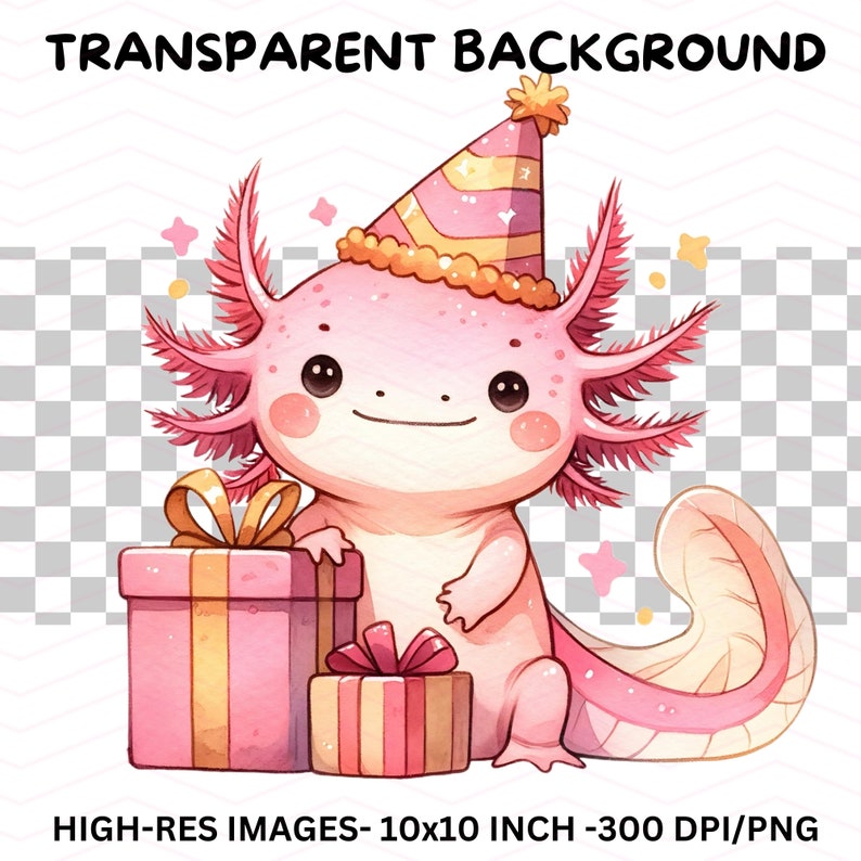 Cheerful Axolotl Birthday Party Clipart, Cute Watercolor PNG Images for ...