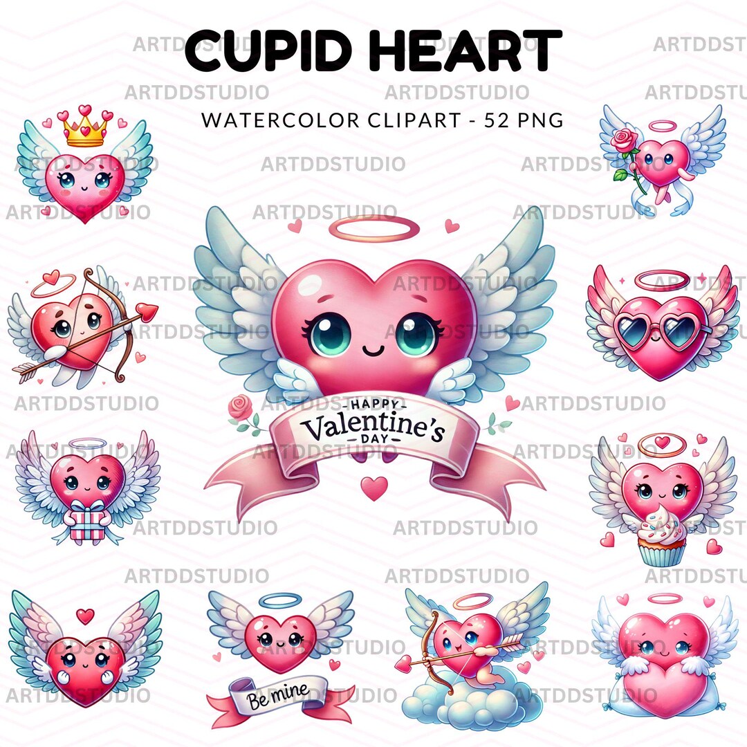 Cupid Heart Clipart, Watercolor Cute Heart for Valentine's Day ...
