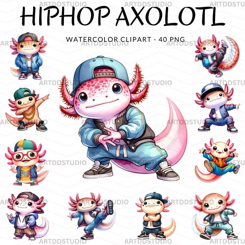 Hip-hop Axolotl Clipart: Urban Watercolor PNG Collection (commercial ...