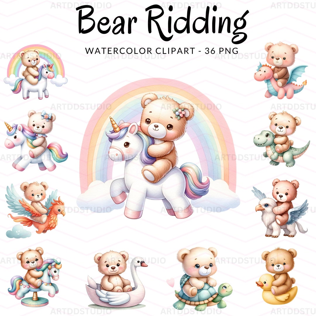 Charming Bear Riding Clipart - Watercolor Fantasy Animals PNG, Bears on ...