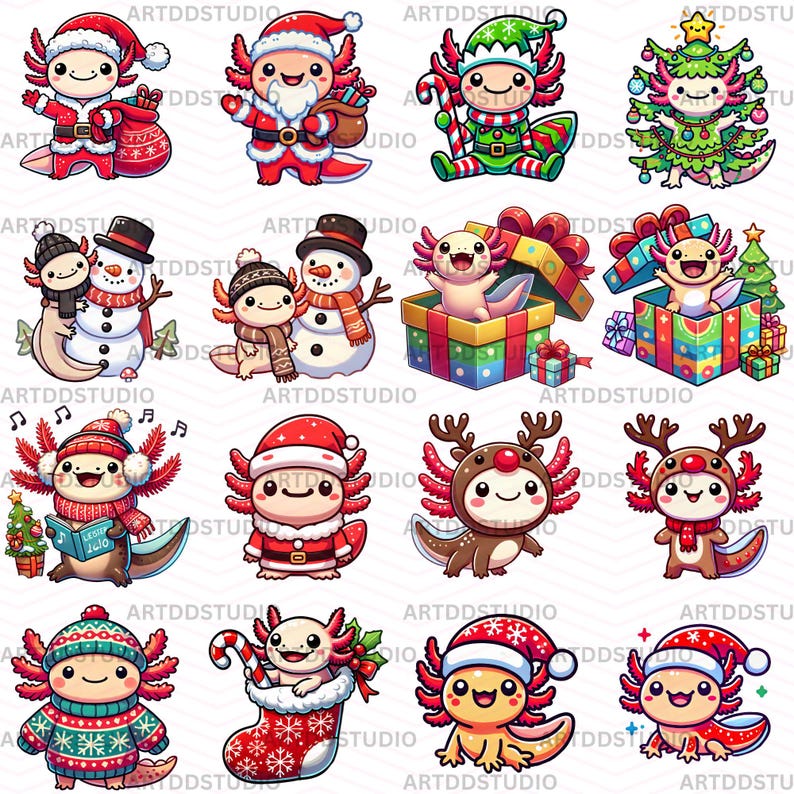 Christmas Cute Axolotl Watercolor Clipart, Santa Axolotl, Reindeer ...