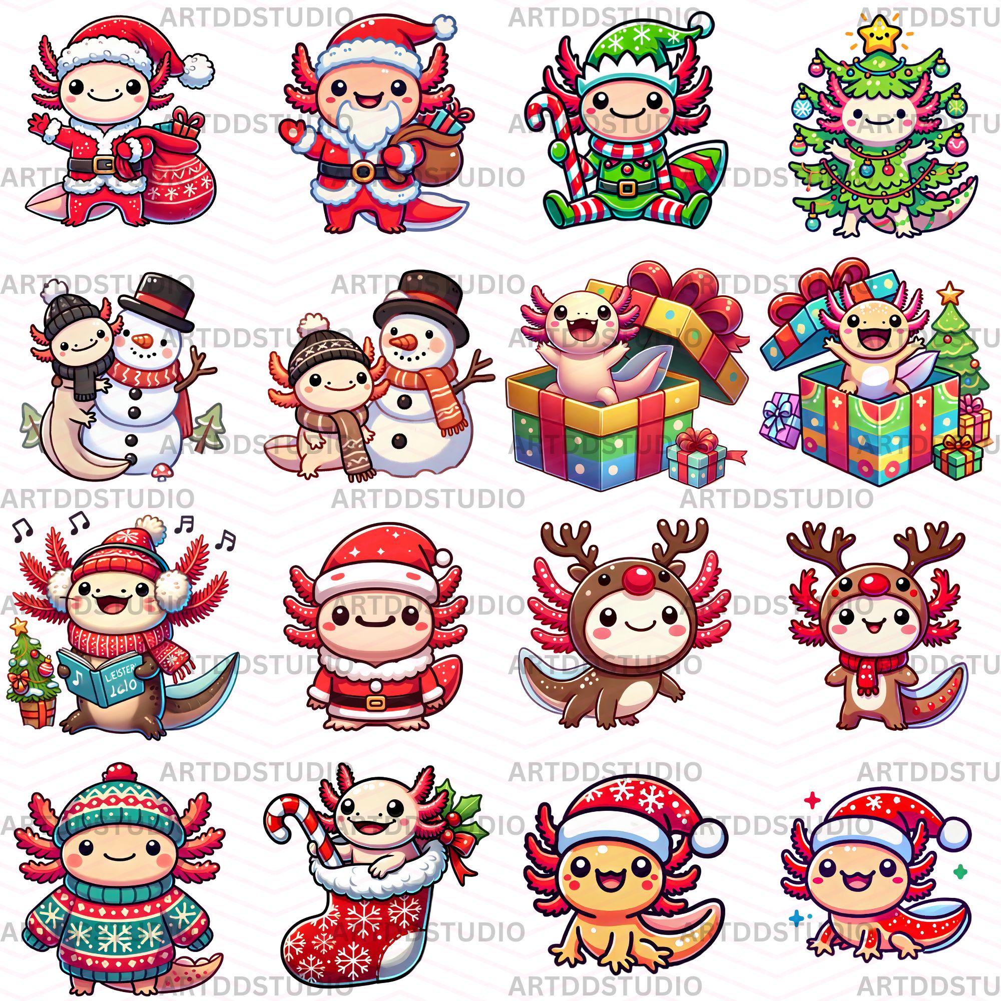 Christmas Cute Axolotl Watercolor Clipart, Santa Axolotl, Reindeer ...