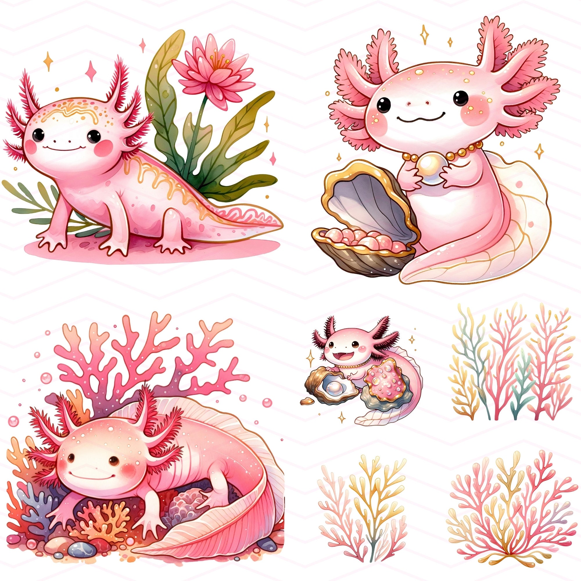 Magical Underwater Axolotl Watercolor Clipart - Cute Watercolor Axolotl ...