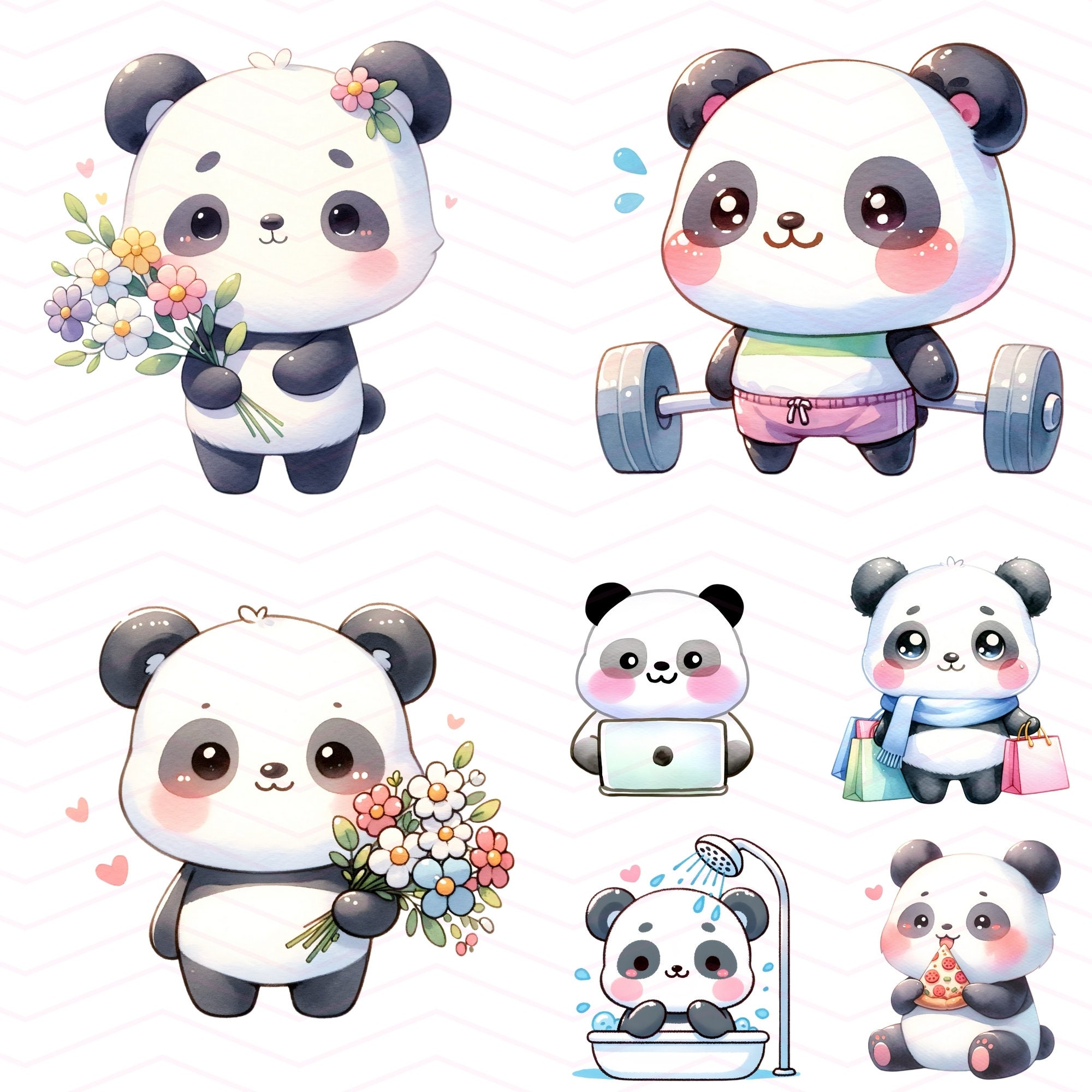 Kawaii Panda Clipart Set Cute Watercolor Panda Digital PNG, Instant ...