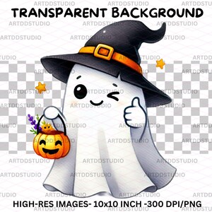 Cute Halloween Ghost Watercolor Clipart Bundle, Witch Hat Ghosts, BOO ...
