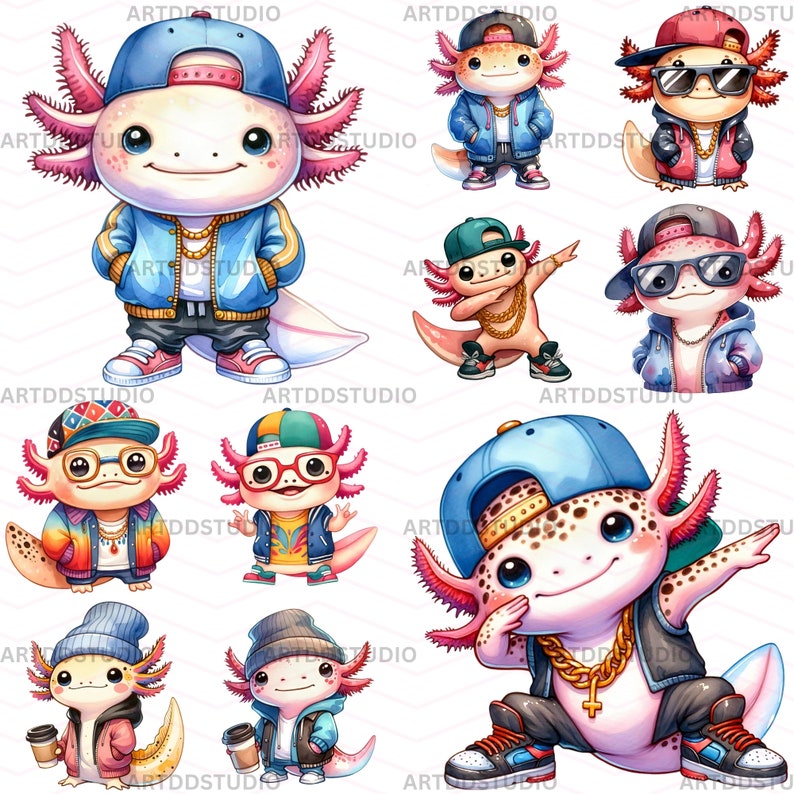 Hip-hop Axolotl Clipart - Urban Style Digital Watercolor PNG Collection ...