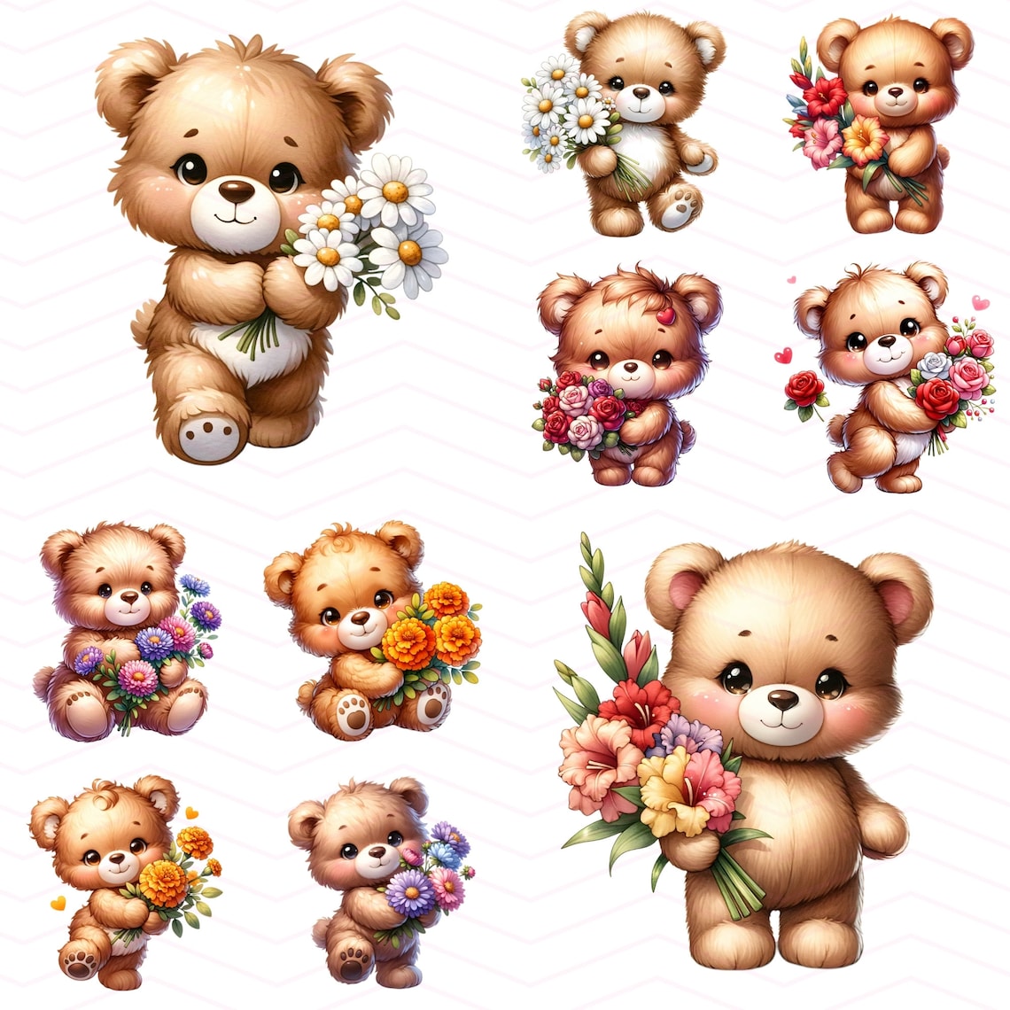 Watercolor Cute Bear Clipart, Bears With Flowers, Birth Month Flowers ...