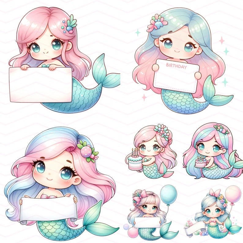 Mermaid Birthday Clipart Set Watercolor Mermaids With Cakes, Mermaid ...