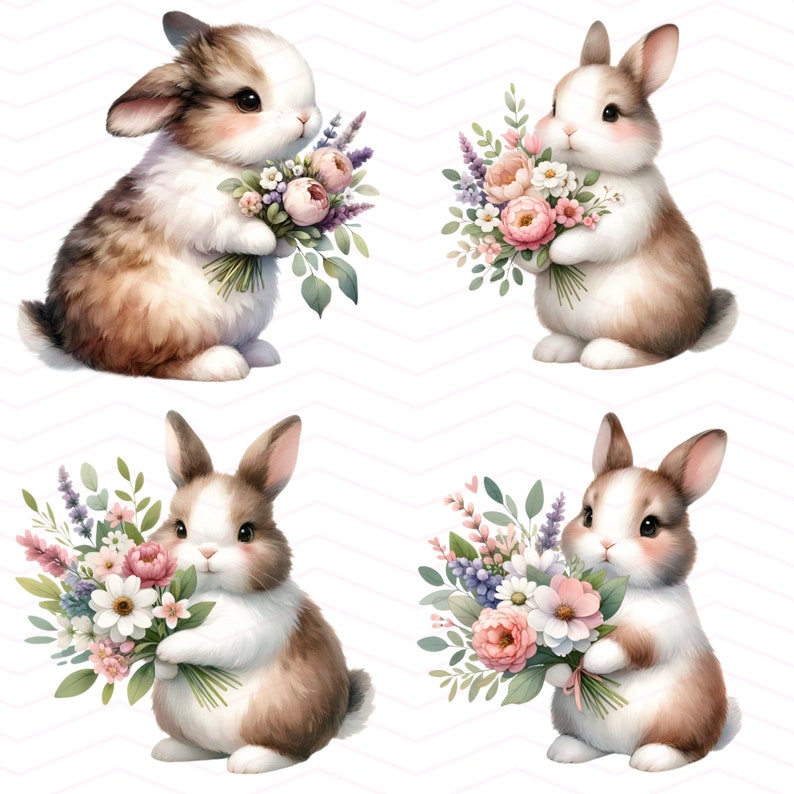 Floral Bunny Watercolor Clipart, Bunnies Clipart, Nursery Spring ...
