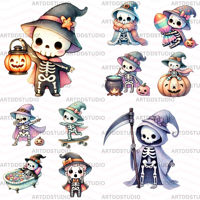Cute Skeleton Halloween Clipart Bundle | 40 PNG Watercolor Digital ...