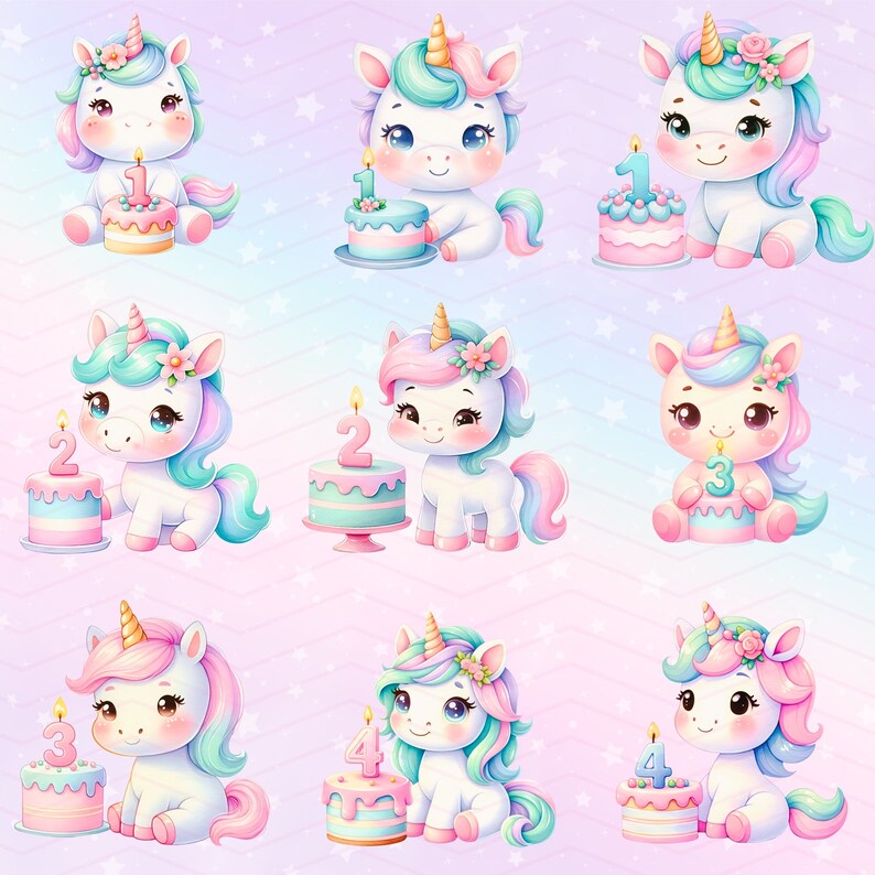 Unicorn Birthday Party Clipart Adorable Watercolor Unicorns With Cakes ...