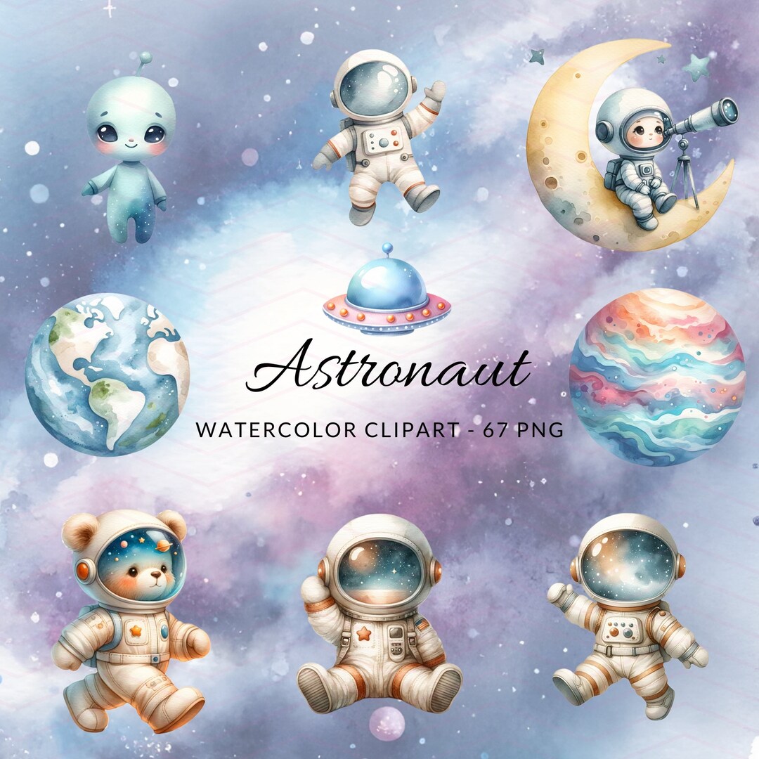 Space Adventure Watercolor Clipart - Astronauts, Aliens and Planets ...